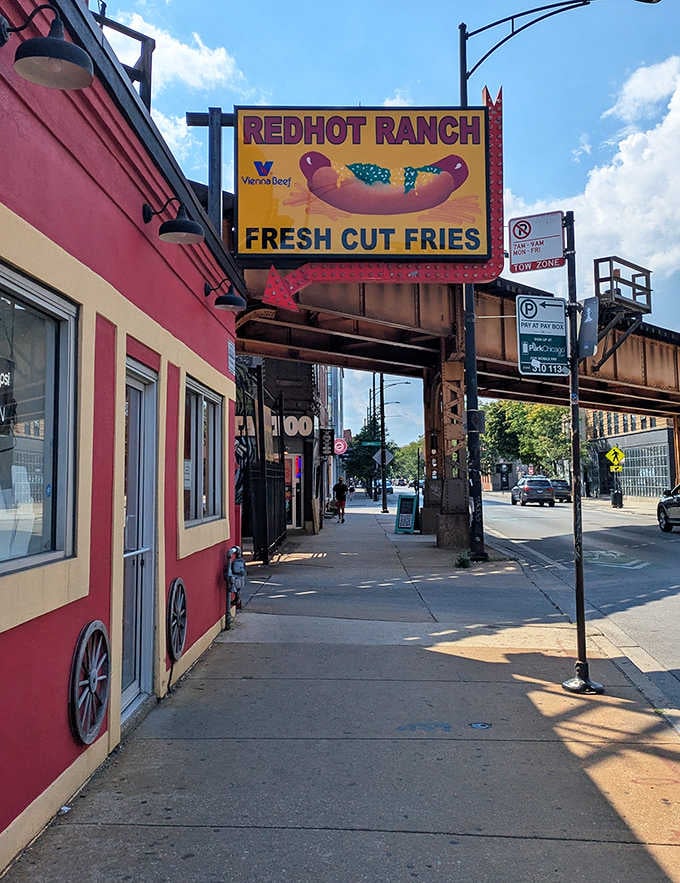 Redhot Ranch's bright sign promises Chicago dogs and fresh-cut fries that'll make you forget all about fancy dining.