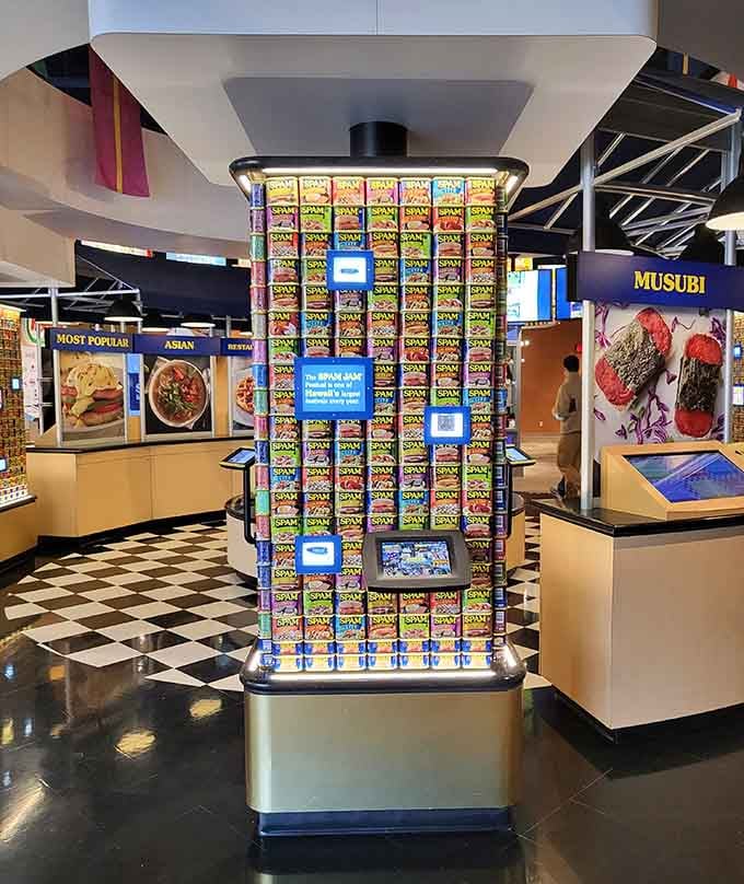 SPAM, SPAM, and more SPAM! This wall of canned meat nostalgia is like a pop art masterpiece for the luncheon meat enthusiast.
