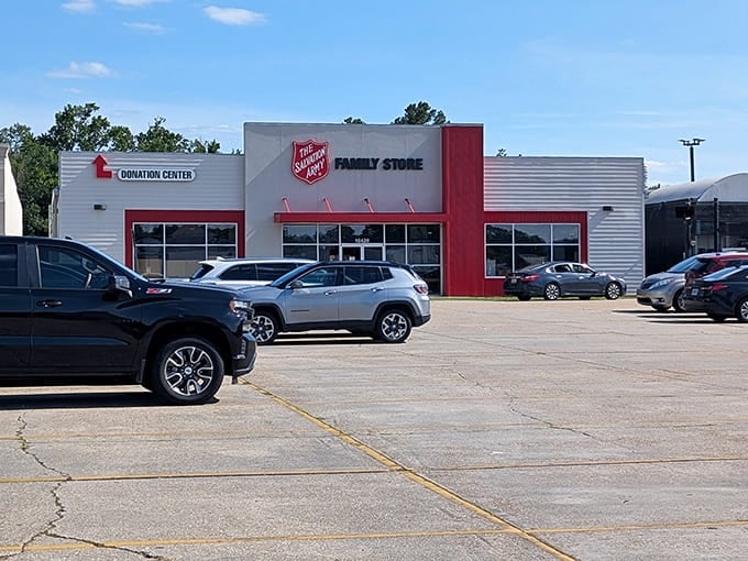 The iconic red shield beckons! Salvation Army's modern Baton Rouge location houses treasures waiting to be discovered.
