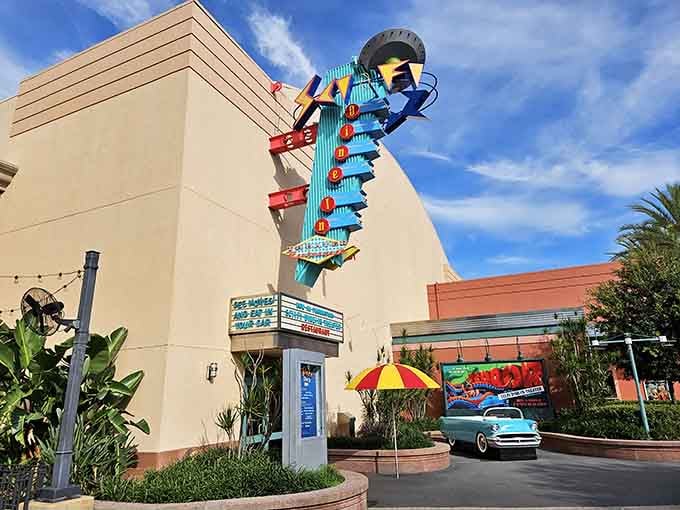 That retro sign glows like a beacon from the Jetsons, promising food that's decidedly down-to-earth delicious.