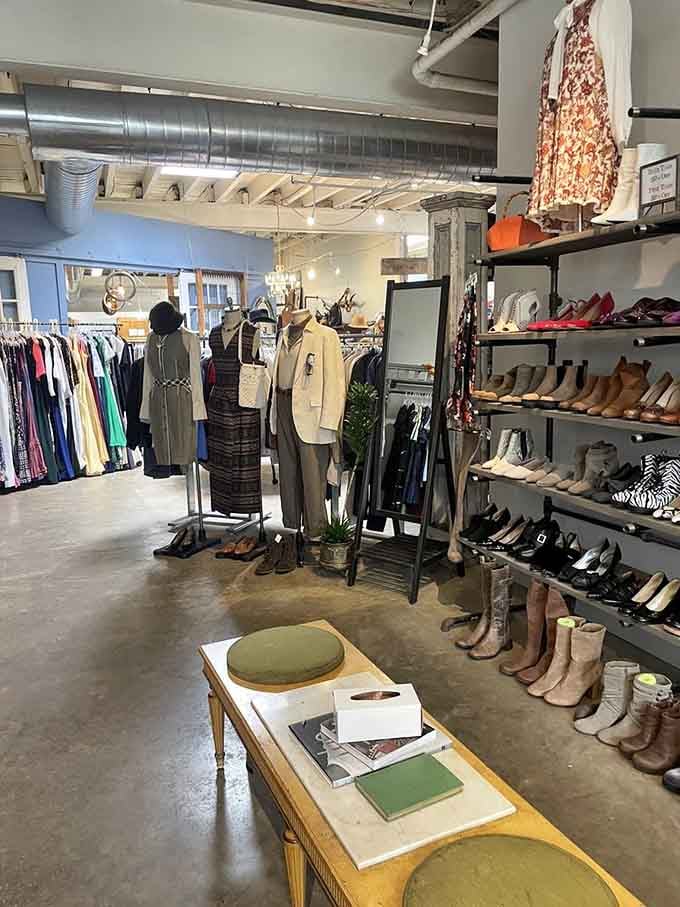 The industrial-chic space showcases curated vintage finds displayed like art in a gallery your wallet can actually afford.