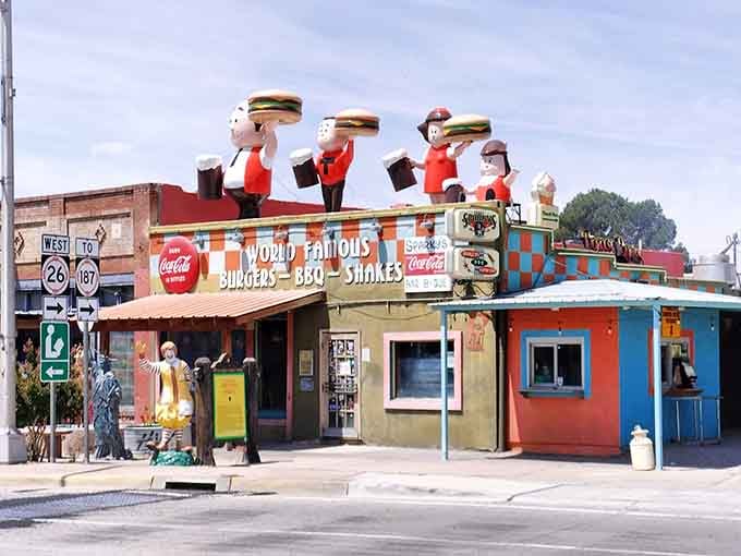 Sparky's quirky burger-toting statues announce: "Serious food served with a side of fun!" Route 66 kitsch meets culinary excellence.