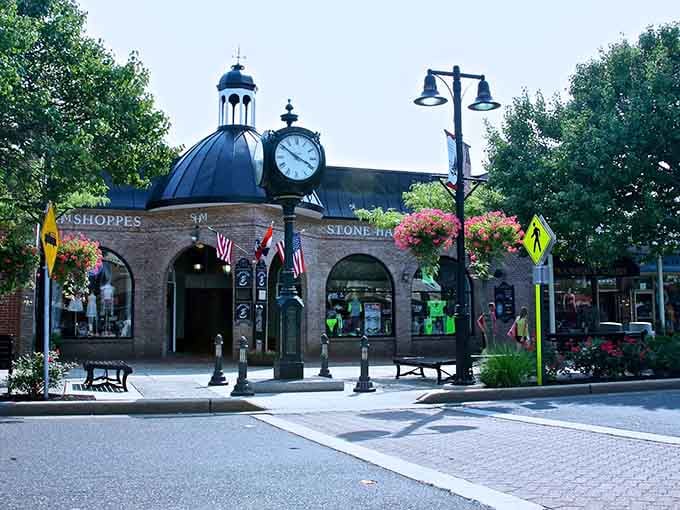 Stone Harbor's distinctive dome and clock tower anchor a downtown where hanging flower baskets add bursts of cheerful color.