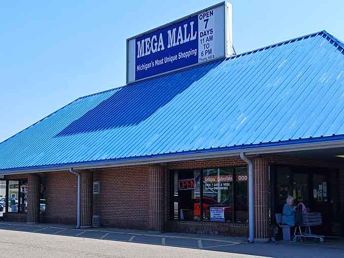 The Mega Mall's distinctive blue roof signals a climate-controlled treasure hunt awaits. Rain or shine, the deals keep coming!