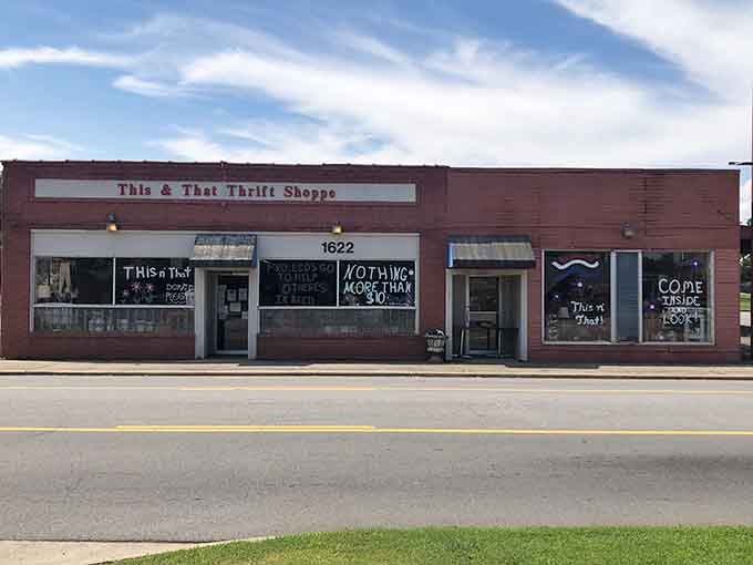 The classic red brick storefront promises old-school charm mixed with modern thrifting adventures inside.