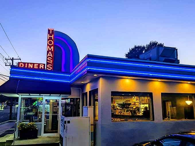 Thomas's Ham & Eggery's neon glow cuts through the Long Island night. When breakfast is in the name, you know they take morning meals seriously.