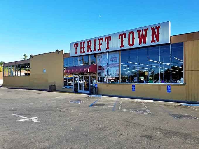 Thrift Town's retro signage announces itself with the confidence of someone who knows they've got exactly what you're looking for.