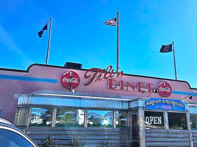 Tilt'n Diner's classic silver exterior and neon signage &ndash; a time machine that happens to serve incredible pancakes.