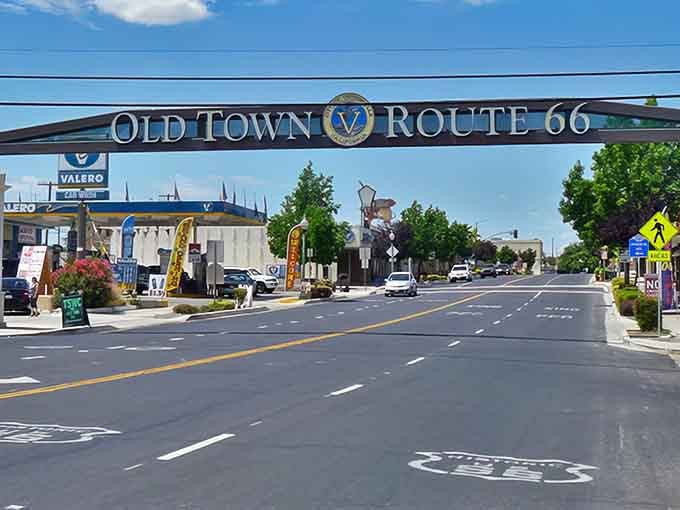 The Old Town Route 66 arch welcomes travelers to Victorville's piece of American highway history and desert charm.