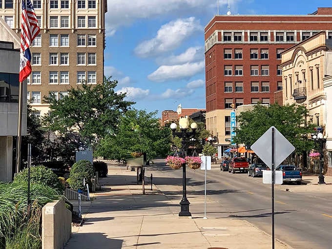 Waterloo's downtown streets bloom with hanging flower baskets, adding splashes of color to this budget-friendly urban landscape.