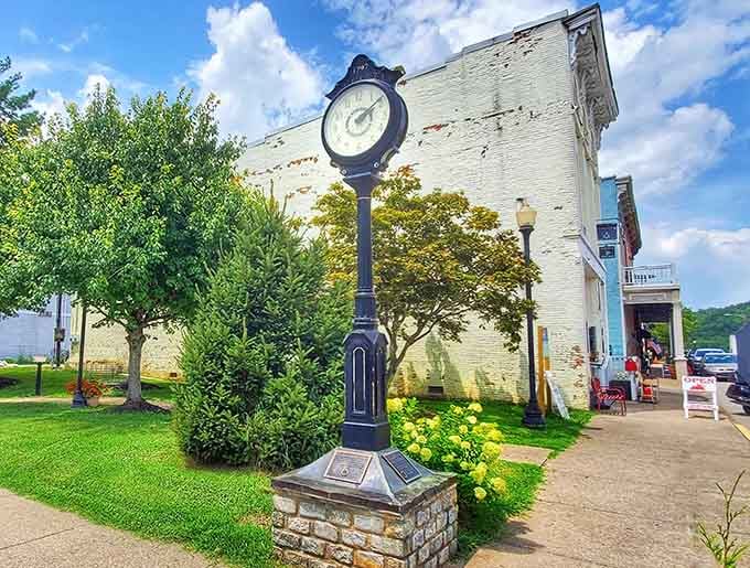 That vintage clock stands as a reminder that some towns still measure time in conversations, not minutes.
