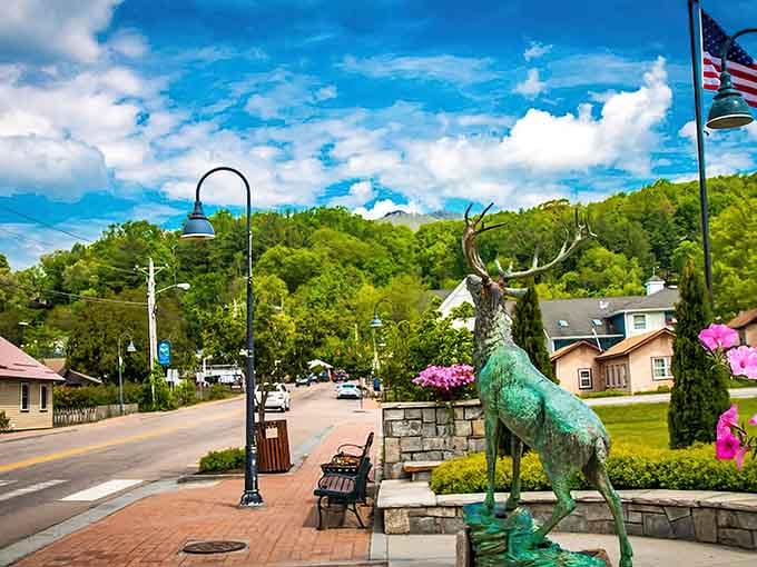 That quirky elk statue stands proud as any town mascot could, greeting visitors with antlers held impossibly high.