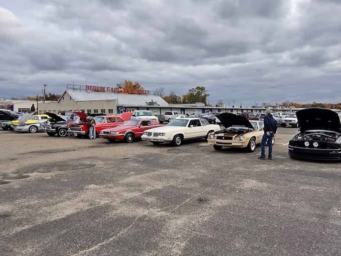 Classic cars gather like old friends reuniting, adding automotive nostalgia to an already treasure-filled Saturday morning adventure.