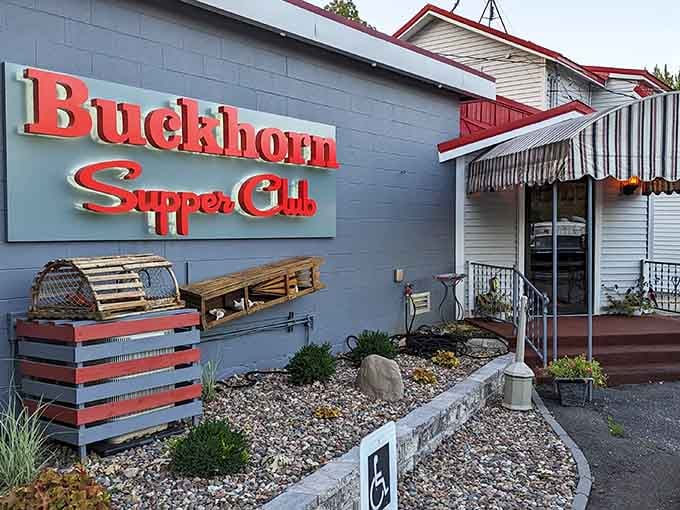 Lobster traps and wooden crates hint at the freshness waiting inside this lakeside gem.