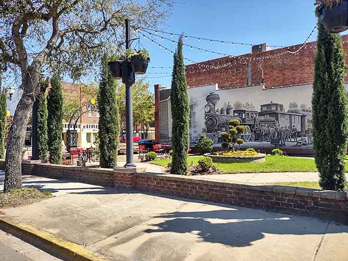 That vintage train mural celebrates the iron horses that once connected these towns to the wider world beyond.