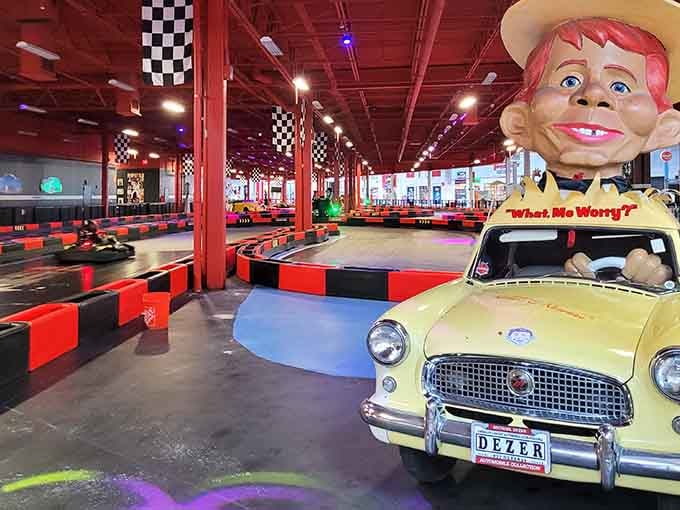 A vintage ride greets visitors with a grin, proving that nostalgia and go-kart racing make excellent companions.