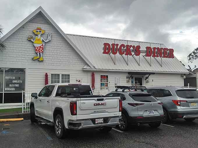 Even under cloudy skies, this cheerful white building with its friendly mascot brightens up the whole neighborhood.