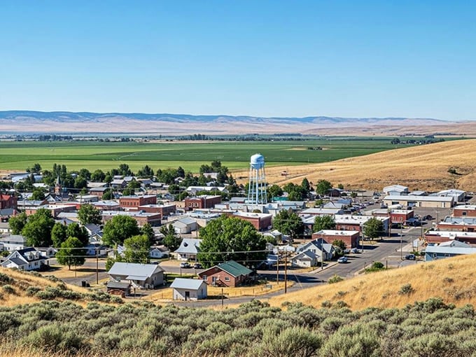 From above, the water tower stands guard over rooftops while golden hills roll away like wrinkled blankets.