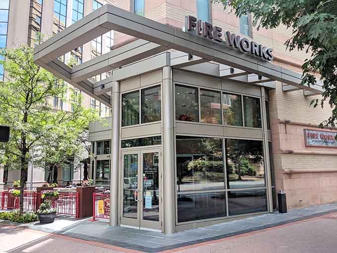 Modern meets rustic at Fire Works, where the sleek glass entrance leads to pizza perfection in Arlington.