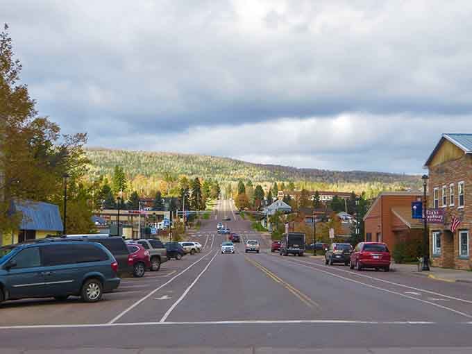 The charming main street, framed by trees, invites visitors to explore its historic buildings and natural beauty.