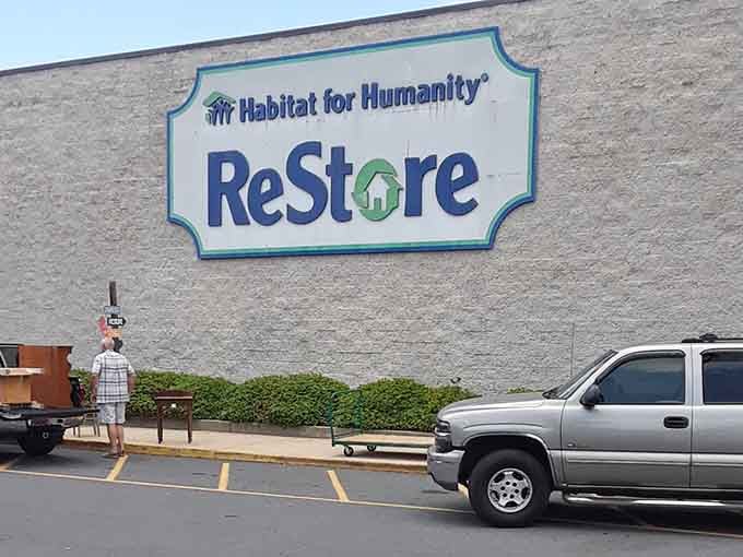 That distinctive blue sign marks the spot where building materials and furniture find second chances at life.