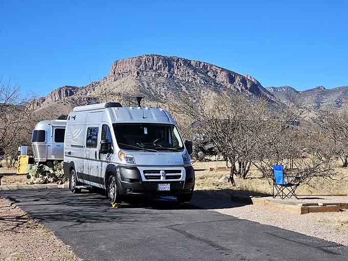 Your camper van finds the perfect spot where rugged cliffs meet open sky in this southeastern Arizona gem.