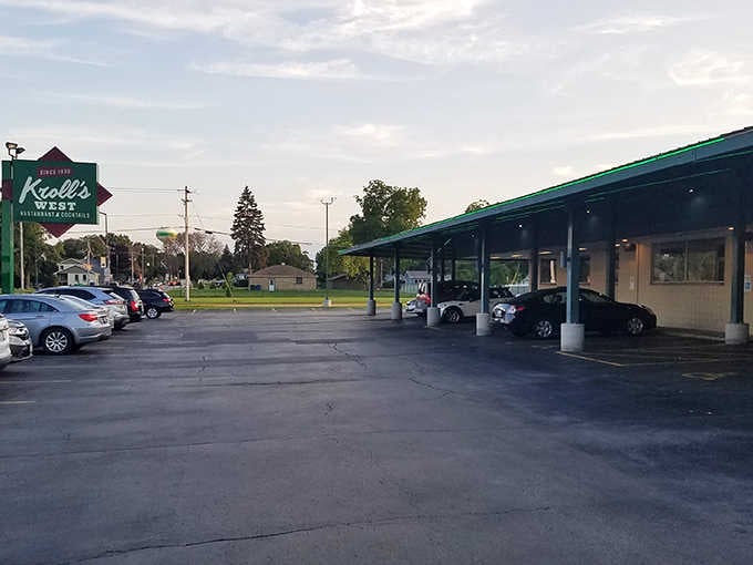 The parking lot may be empty now, but come game day, this shrine to butter-grilled perfection becomes Packers fan central.
