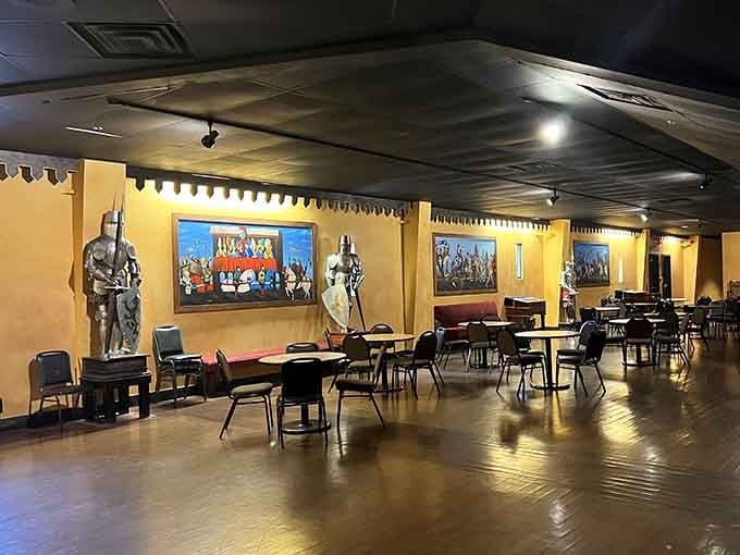 Suits of armor stand guard in the grand hall where knights once feasted between epic tournaments.