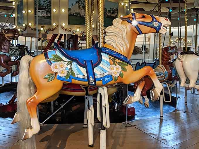 Hand-painted flowers and jeweled details on this carousel horse reveal the incredible artistry of a bygone era.