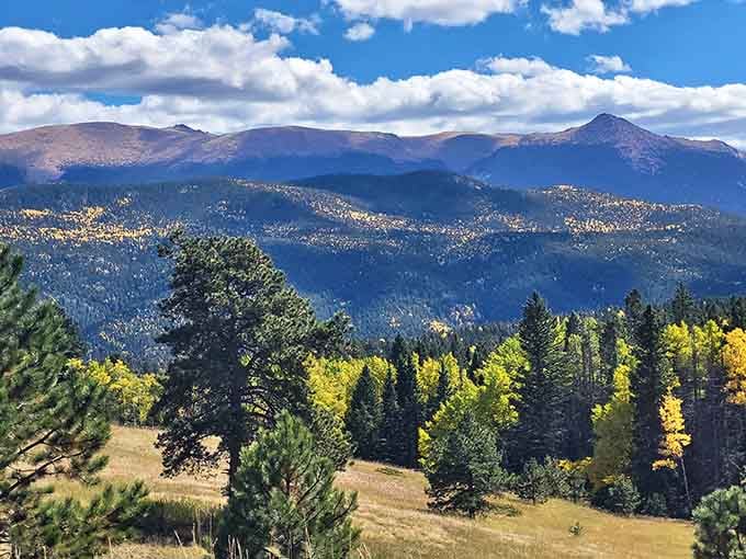 Golden aspens frame distant peaks in layers of blue, painting autumn colors across the mountainside like nature's masterpiece.