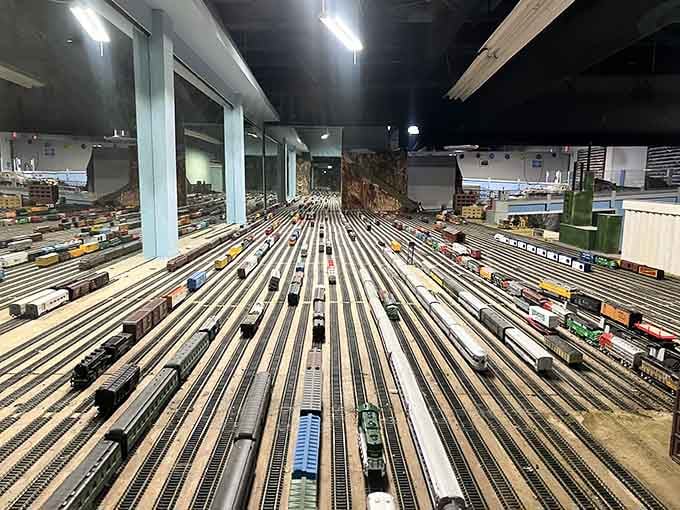 Rows upon rows of model train tracks create a mesmerizing pattern at Northlandz, where tiny worlds unfold in magnificent detail.