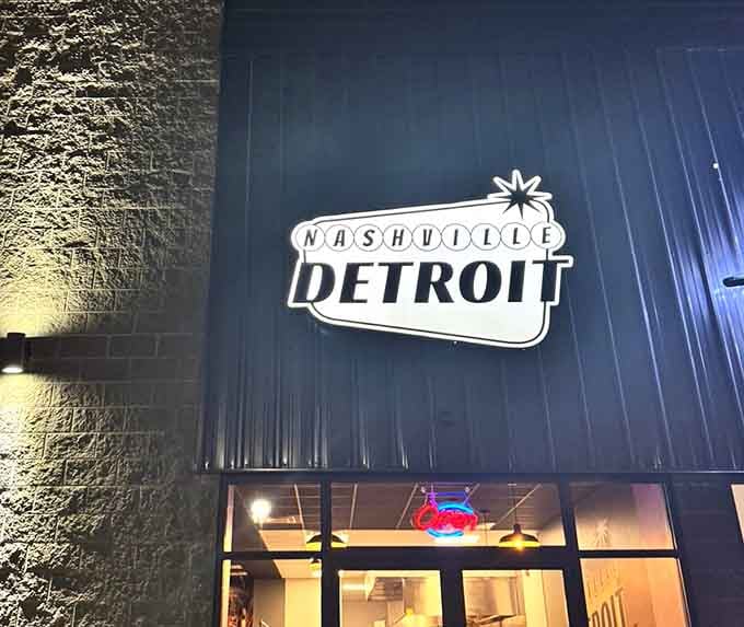 By night, Nashville Detroit's illuminated sign serves as a bat signal for hot chicken aficionados across Michigan.