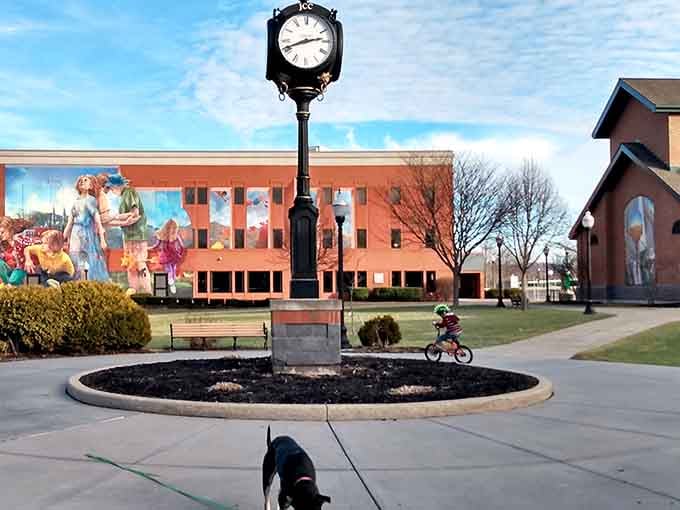 Public art brightens the plaza where locals gather without spending a fortune just to enjoy their own town.