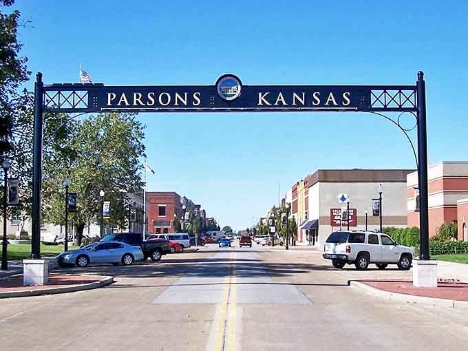 The iconic Parsons, Kansas gateway arch stands proud. Main Street America at its finest, where your dollar stretches like saltwater taffy.