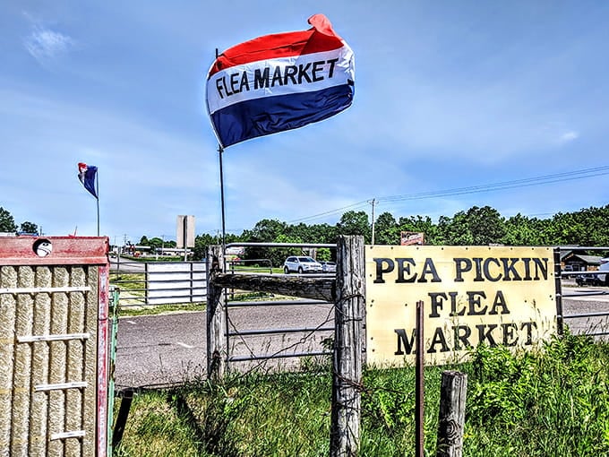That patriotic flag waving proudly announces bargains ahead&mdash;like a beacon calling all deal-seekers to gather 'round and explore.