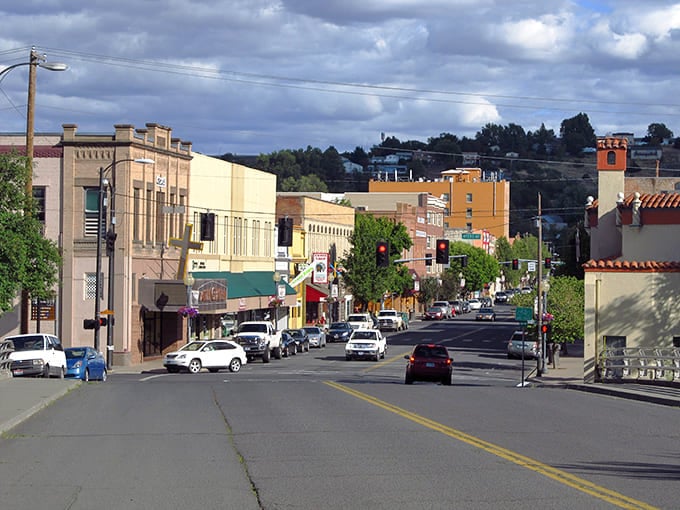 Colorful buildings march down the hillside like a rainbow decided to settle in Eastern Oregon permanently.