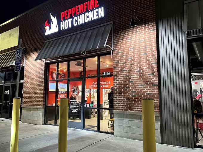 Night or day, that glowing Pepperfire sign beckons like a beacon to heat-seekers. The yellow safety poles might be warning you about what's inside!