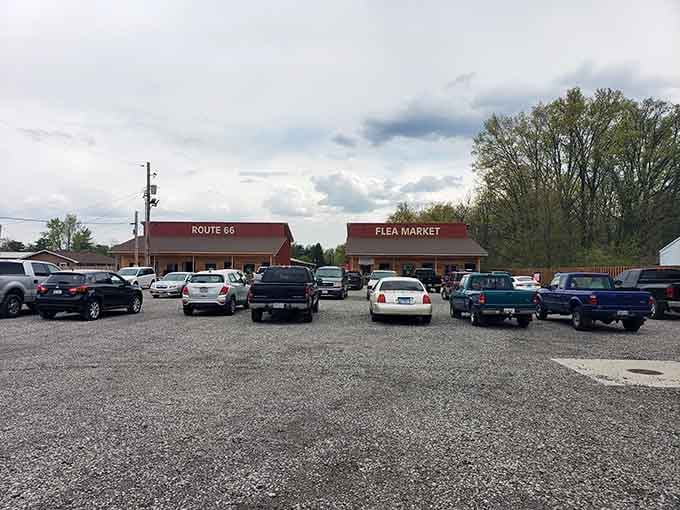 The full parking lot and Route 66 signs promise authentic Americana and deals that would make your grandparents proud.