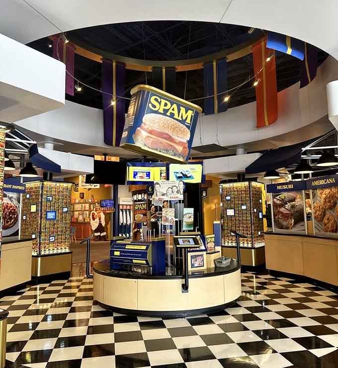 Hanging from the ceiling, the giant SPAM can watches over visitors like the meaty mothership it truly is.