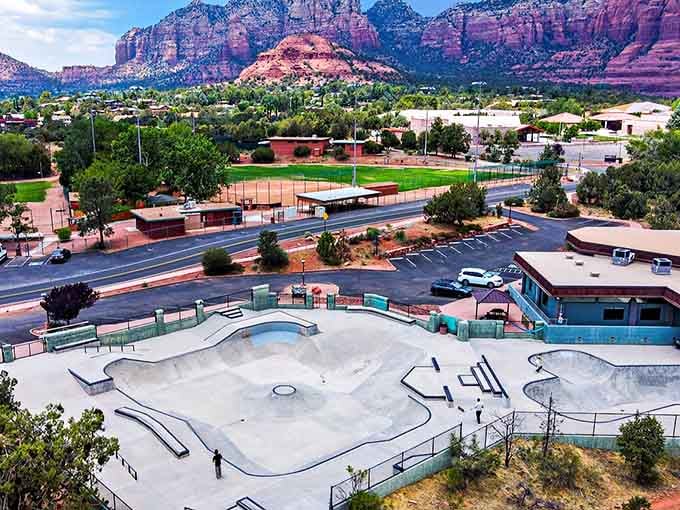 Baseball fields and skate parks nestled beneath crimson cliffs show how small towns blend recreation with jaw-dropping natural beauty.