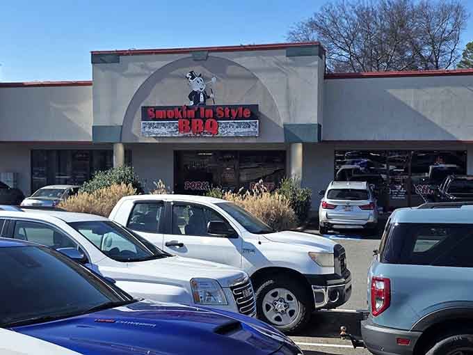 A packed parking lot at Smokin' in Style - where BBQ pilgrims come to worship at the altar of smoke.