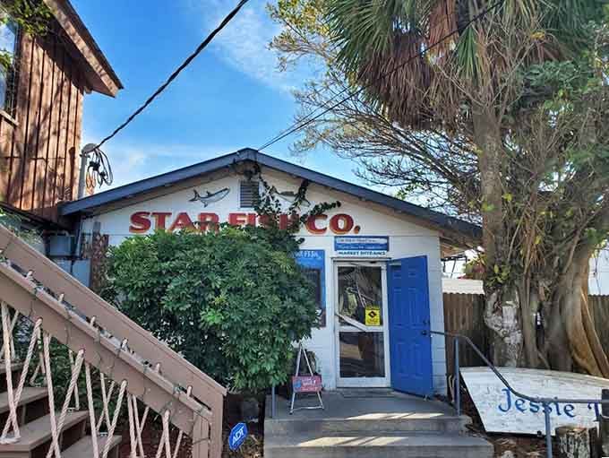 The bright blue door at Star Fish Company might as well be a portal to seafood heaven—complete with waterfront views!