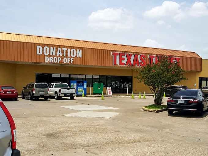 The donation drop-off entrance shows how community generosity keeps these shelves stocked with incredible finds daily.
