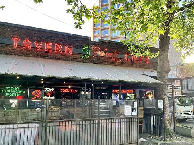 Daylight reveals the classic tavern charm where breakfast happens around the clock, no judgment on timing whatsoever.