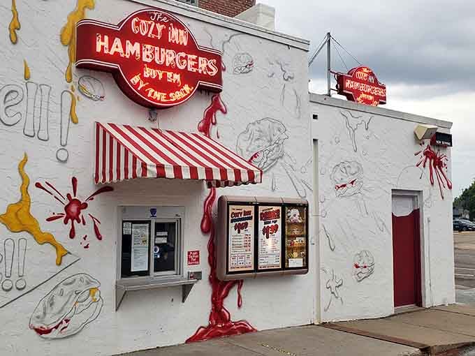 Burger art that speaks the truth! The Cozy Inn's iconic facade is like a hamburger cathedral for slider pilgrims.