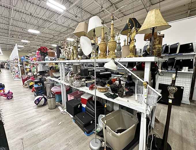 Unique treasures at Value Village await as you explore aisles filled with vintage lamps, home decor, and various hidden gems.