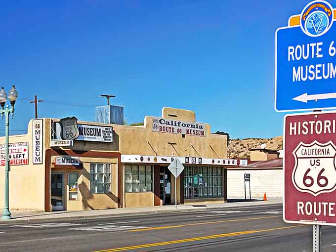 Route 66 Museum sits proudly under endless blue skies, preserving memories of road trips from a simpler time.