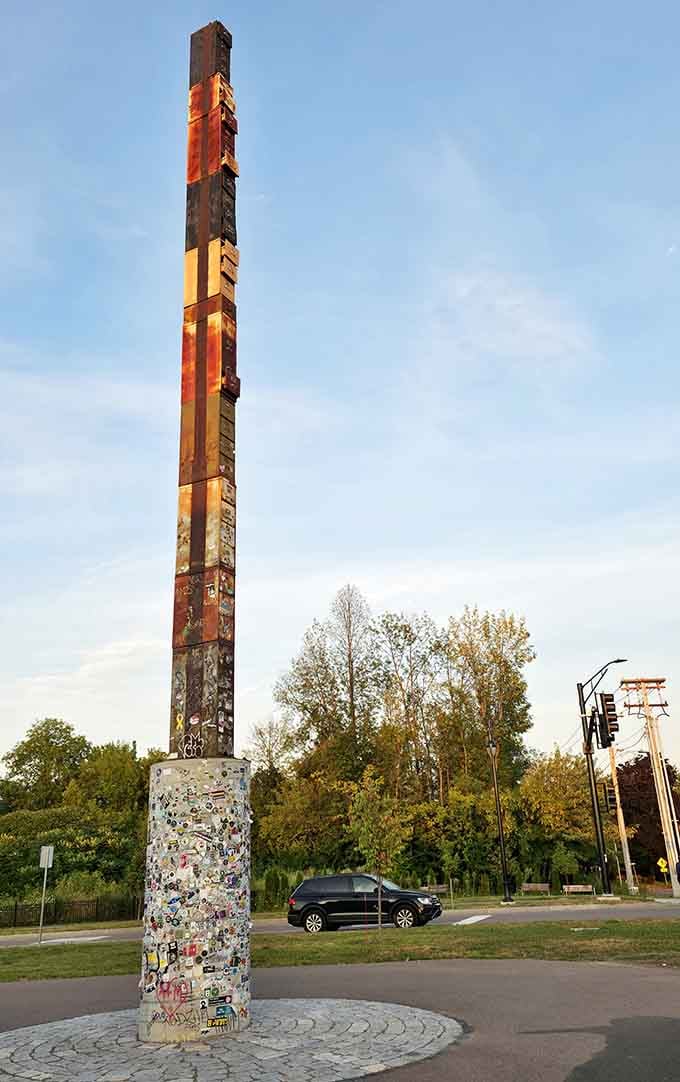 This 38-foot stack of creativity proves that even the most mundane objects can become beloved public art.