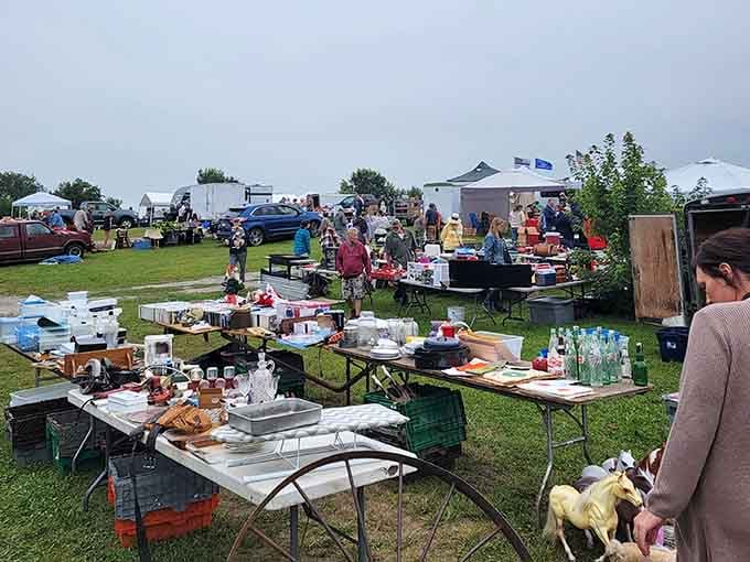 Community spirit thrives here where neighbors gather under cloudy skies to share stories and swap treasures across folding tables.