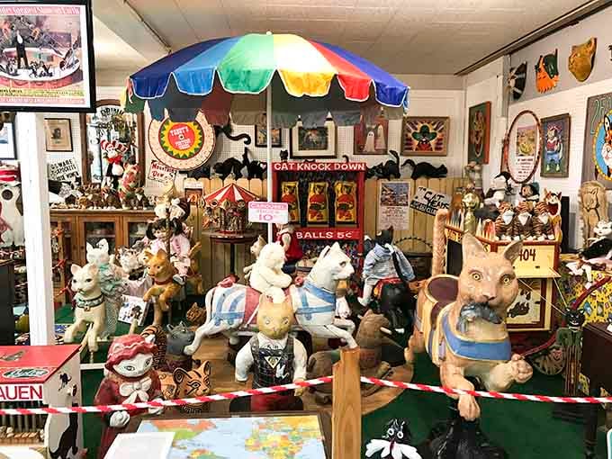 Carnival cats and vintage displays create a nostalgic wonderland that feels like raiding your grandmother's attic times infinity.